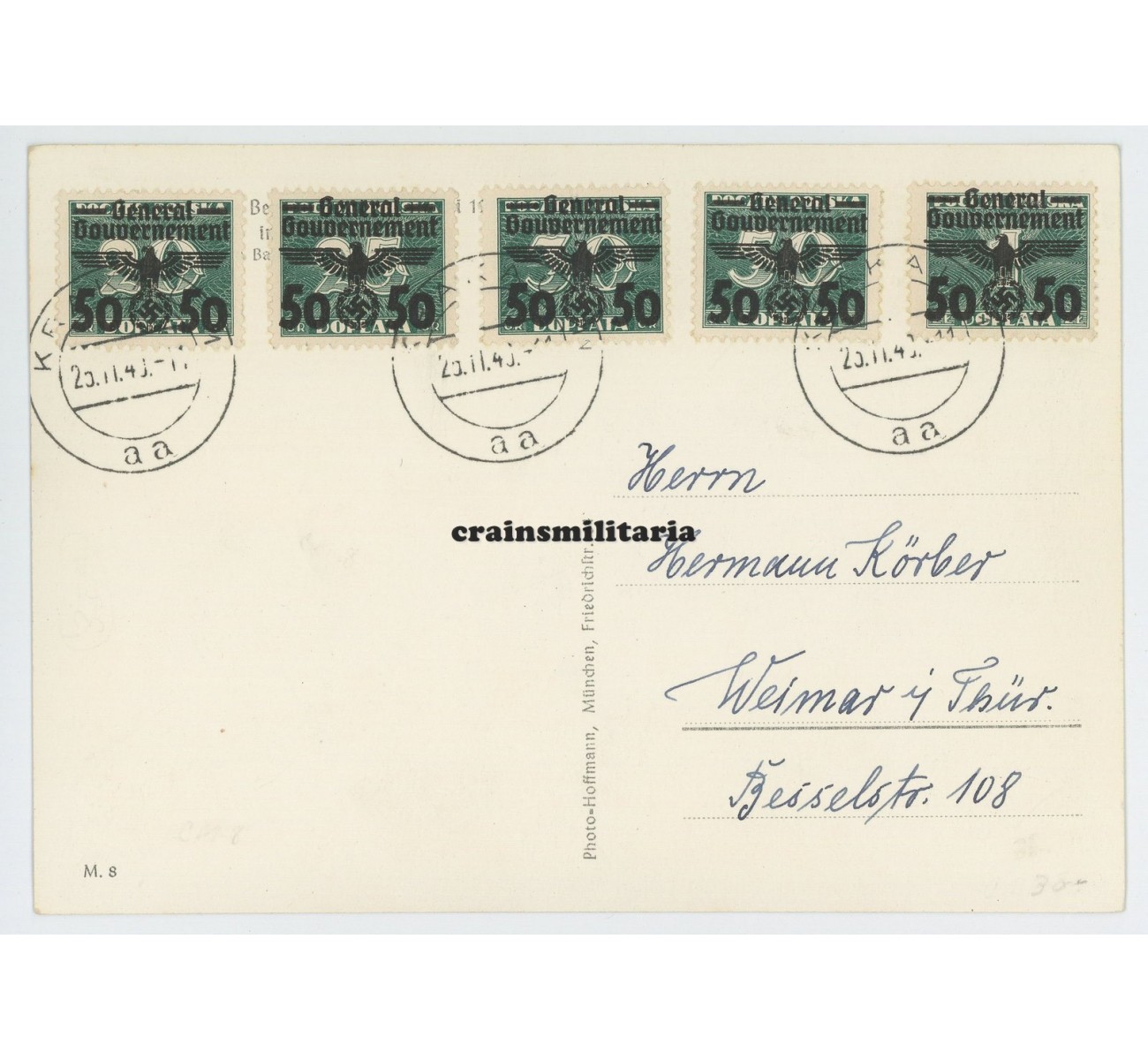 Crain's Militaria - Adolf Hitler with Mussolini postcard - Krakau stamps