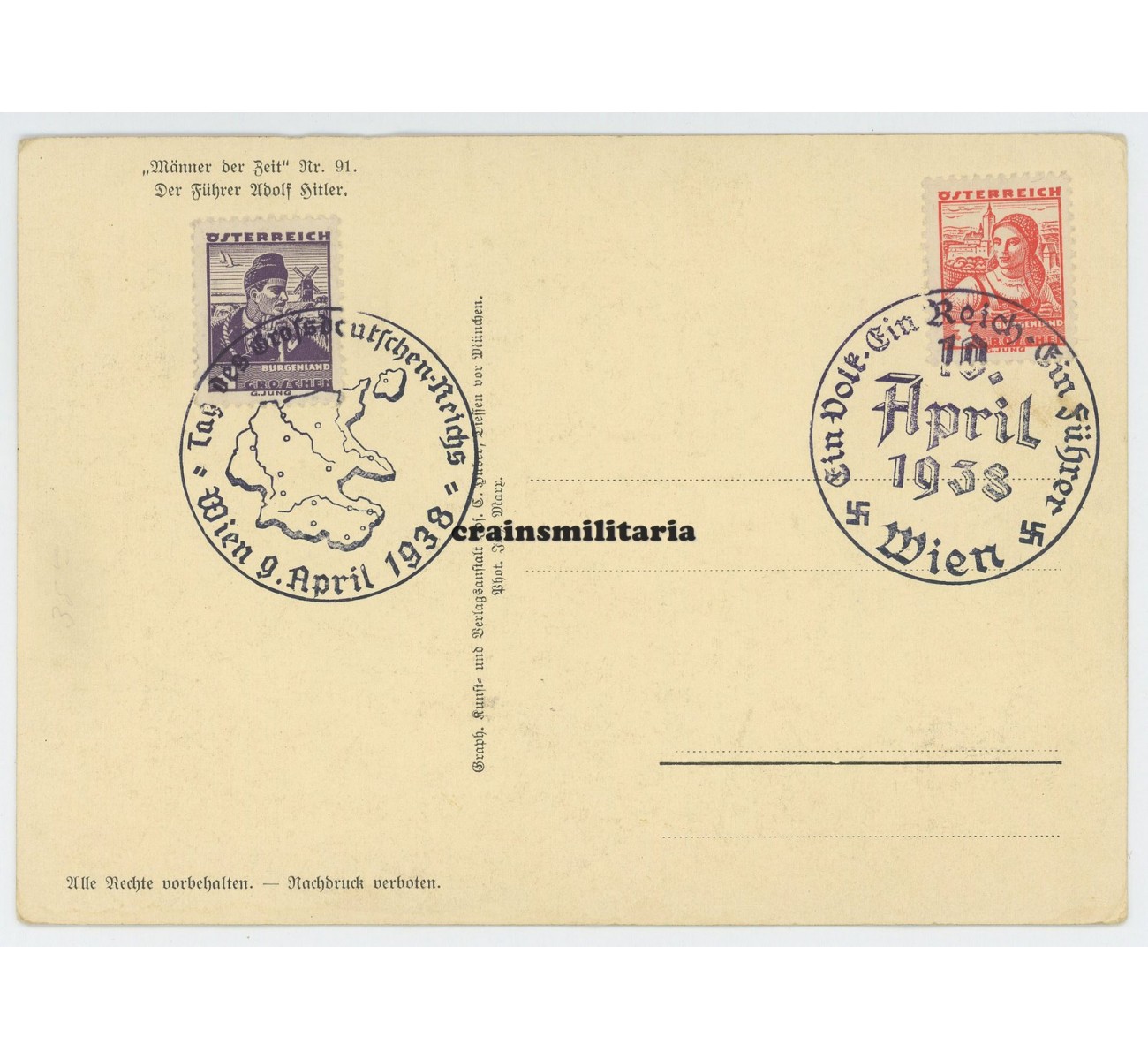 Crain's Militaria - Adolf Hitler postcard with Vienna Anschluss stamps