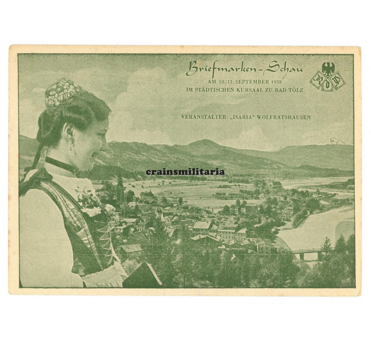 Crain's Militaria - Bad Tölz postcard with Sudetenland 1938 stamps