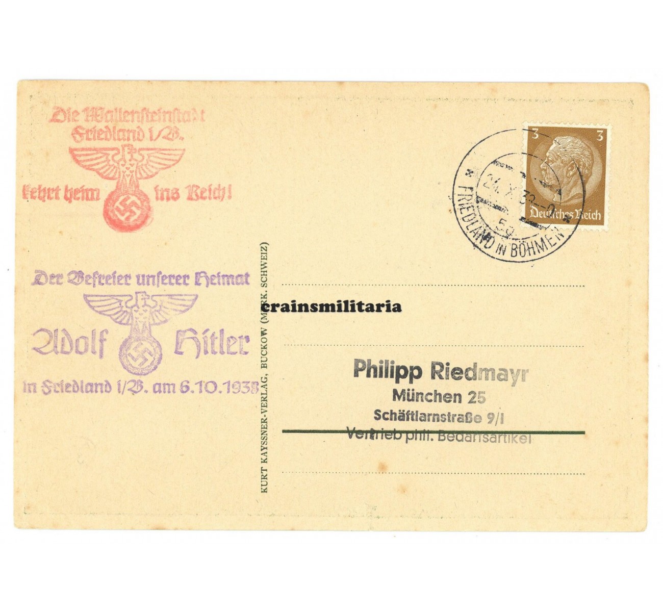 Crain's Militaria - Bad Tölz postcard with Sudetenland 1938 stamps