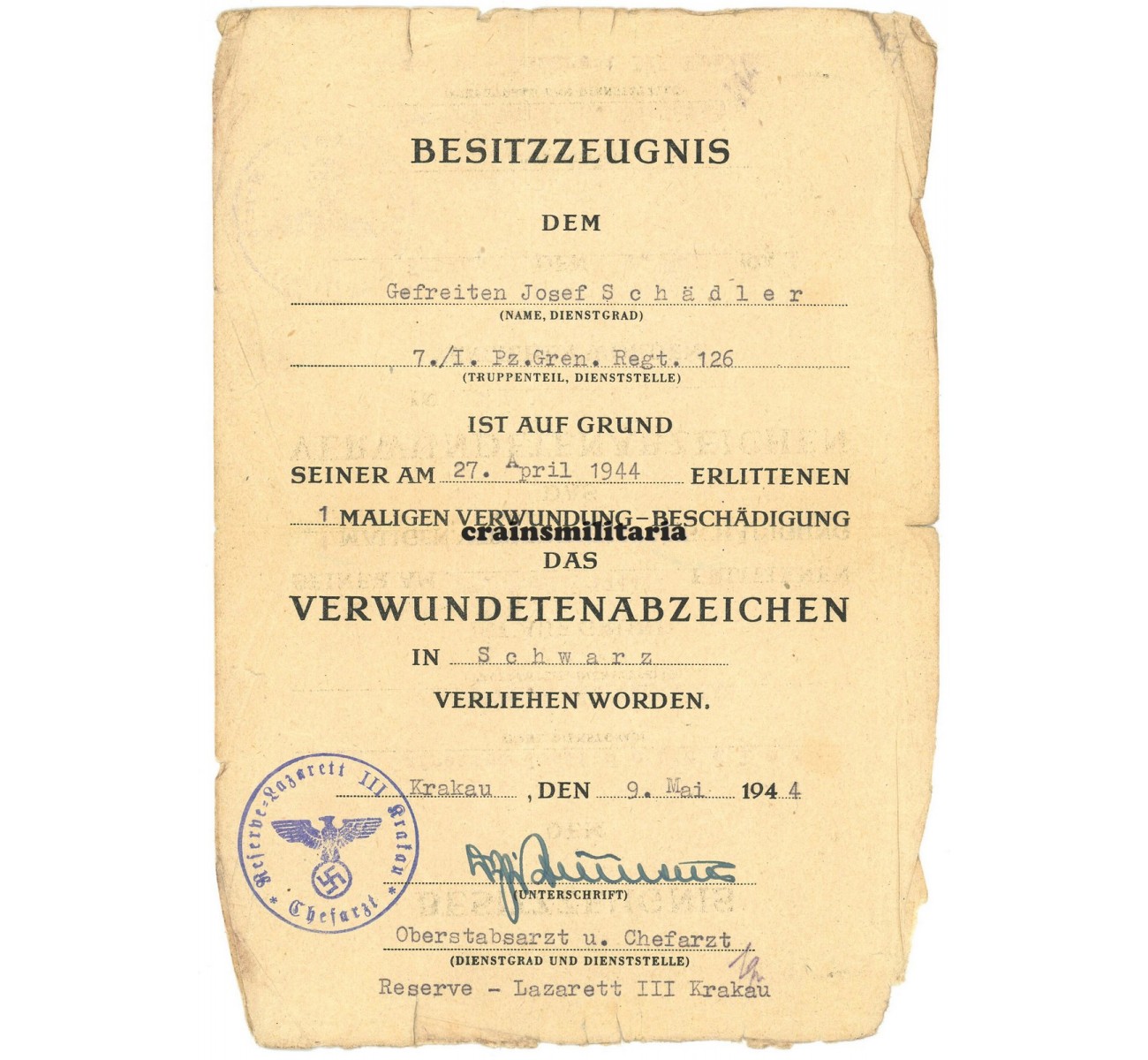 Crain's Militaria - Panzer-Brigade 112 Soldbuch, WIA France 1944