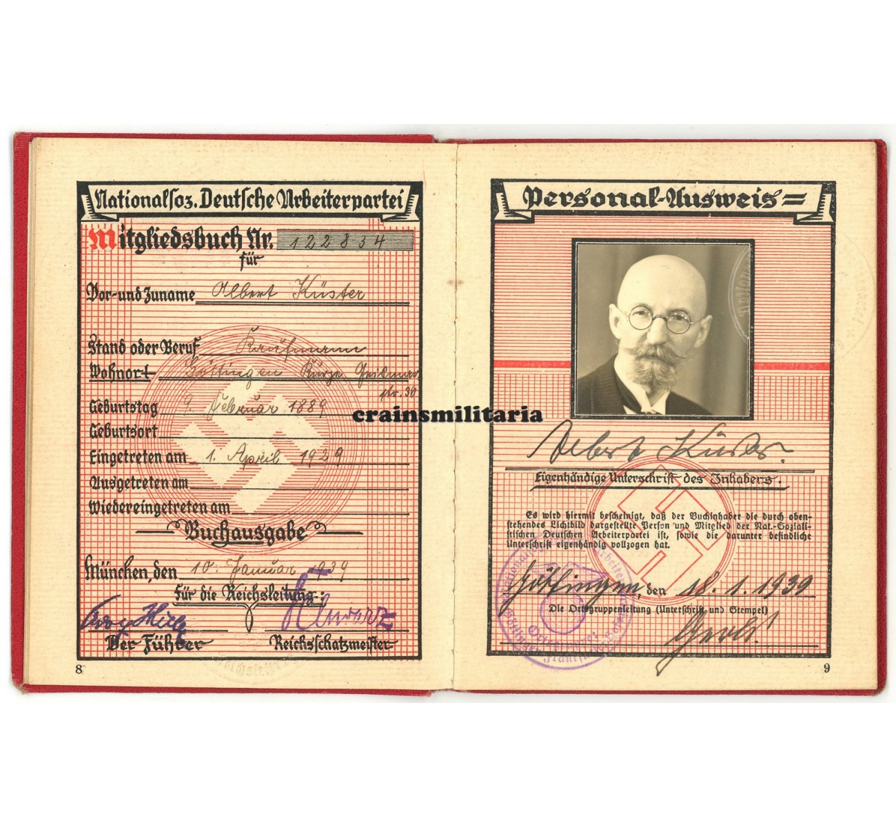 Crain's Militaria - NSDAP Parteibuch, Göttingen, early member