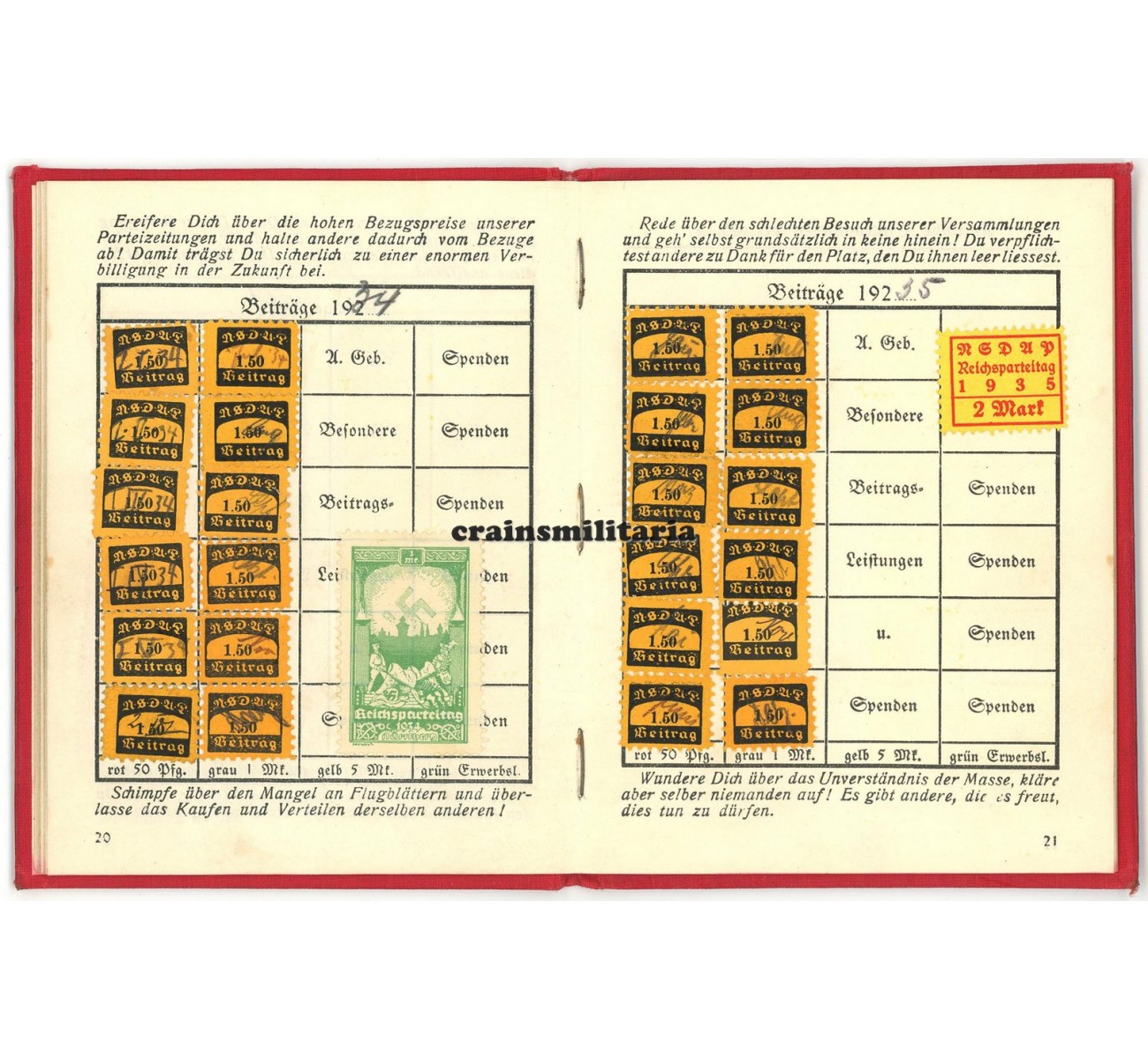Crain's Militaria - Early NSDAP Parteibuch Stuttgart, Hitlerspende