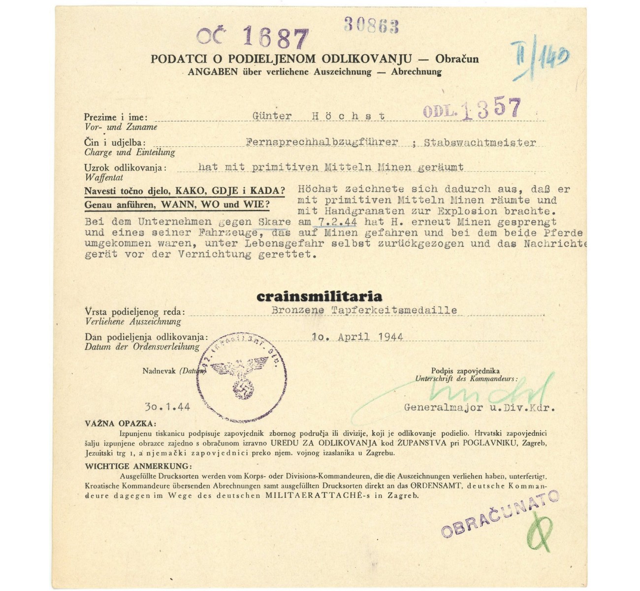 Crain's Militaria - 371.ID Croatian Tapferkeitsmedaille citation ...