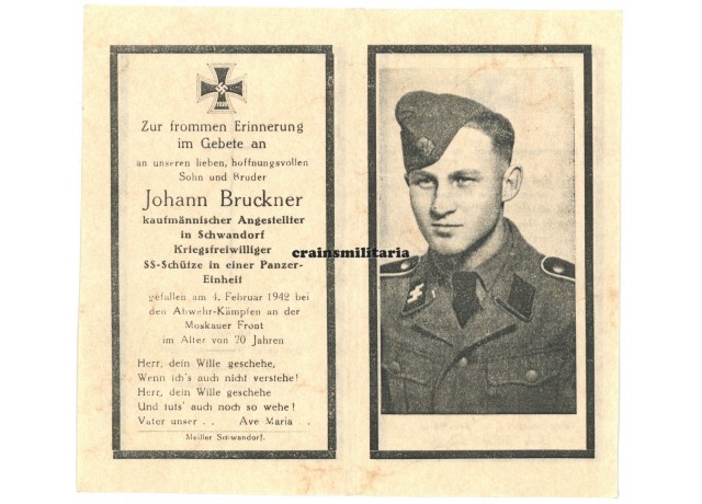 Crain's Militaria - SS Ostmark death card - Russia 1942