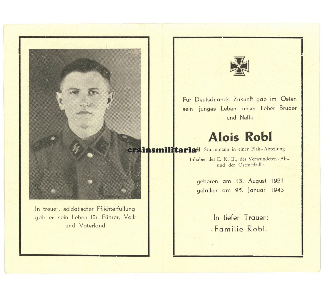 Crain's Militaria - Death card SS Wiking Flak - Russia 1943