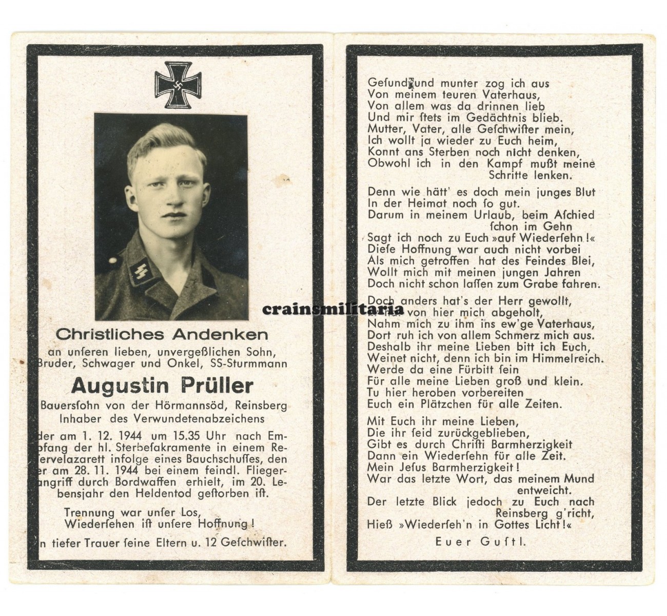Crain's Militaria - SS Death card with original portrait - Paderborn 1944